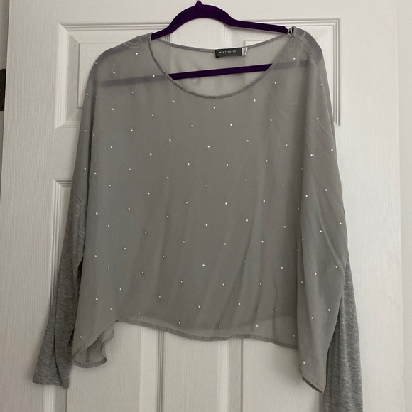 Tops | Sheer Boxy Grey Top With Jersey Sleeves White Metal Dot ...